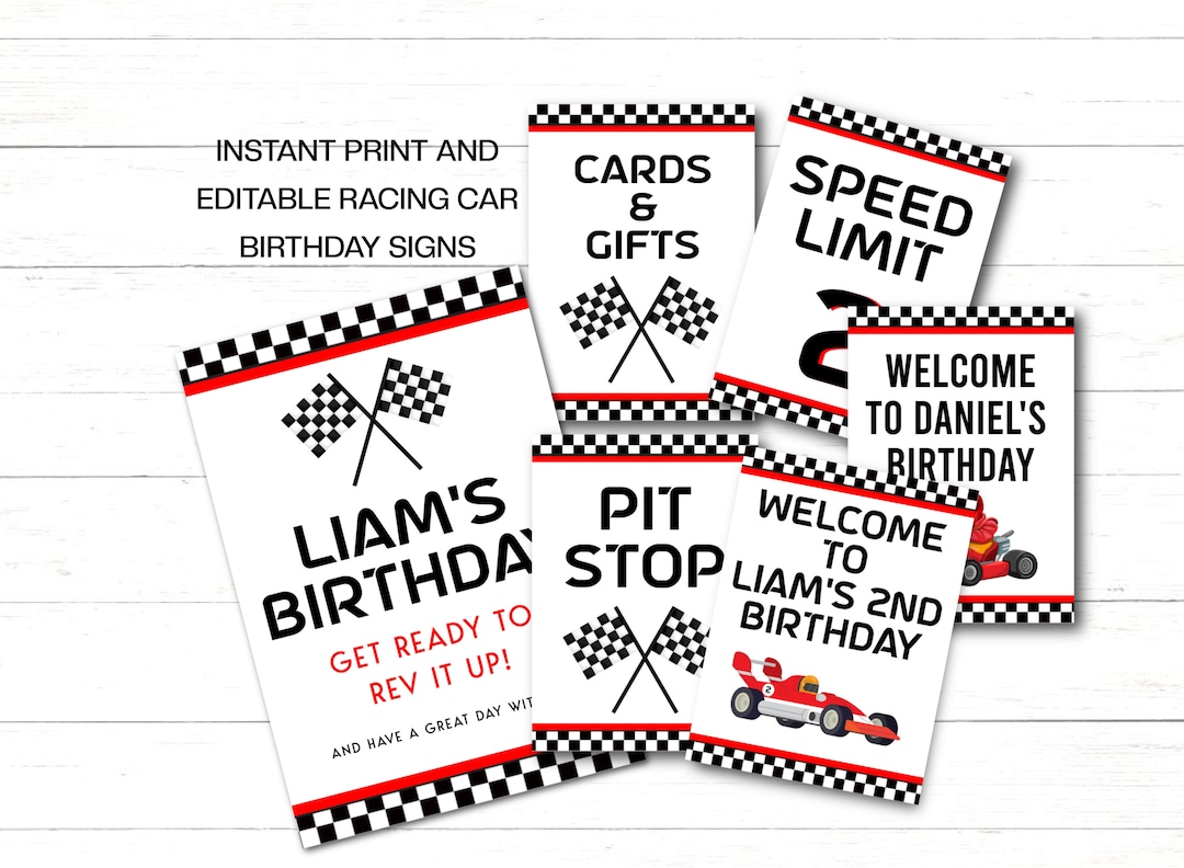 Racing Car Birthday Party Signs X 6 to Print Instantly & Edit. Racing ...