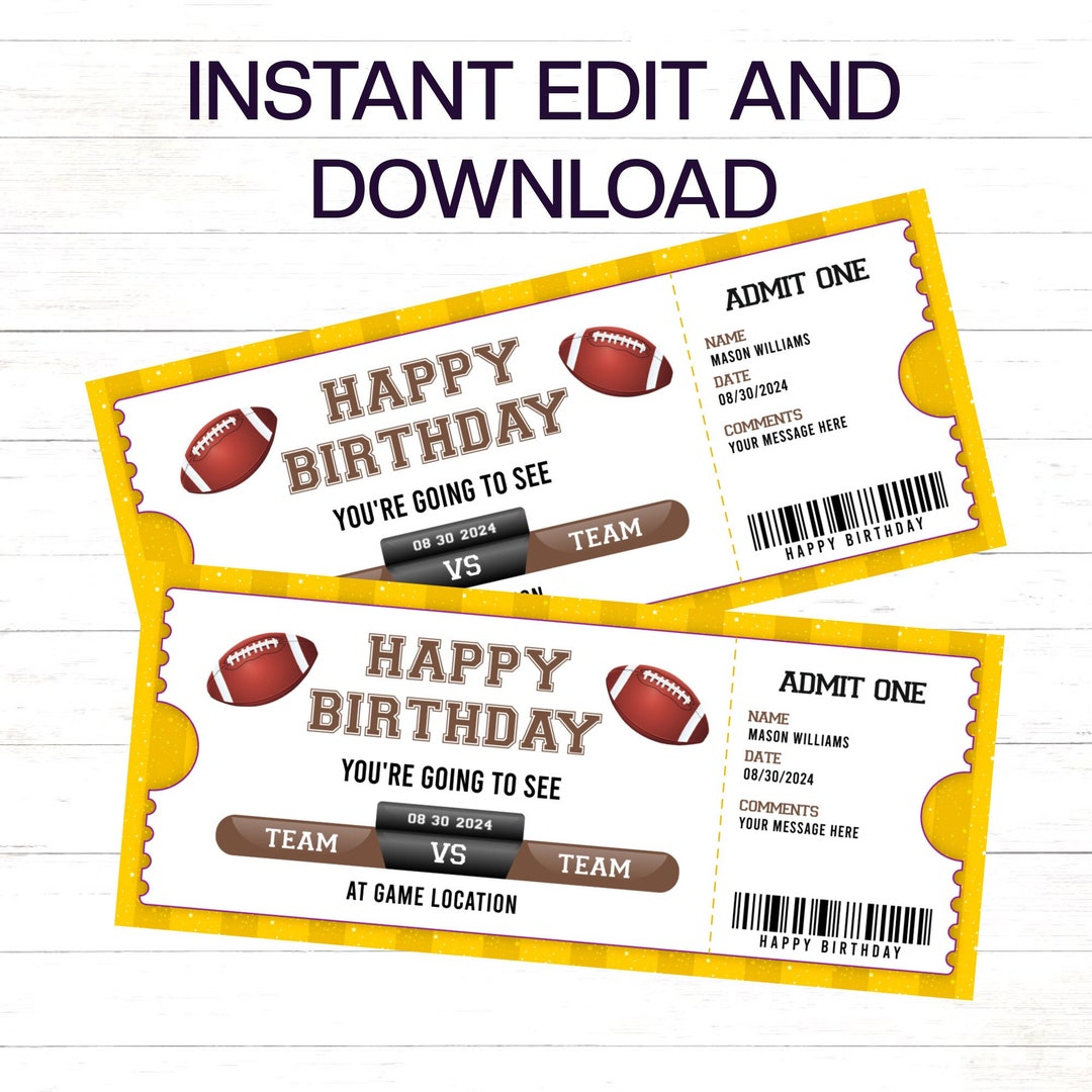 Football Game Gift Ticket, Football Birthday Gift to Edit, Download and ...