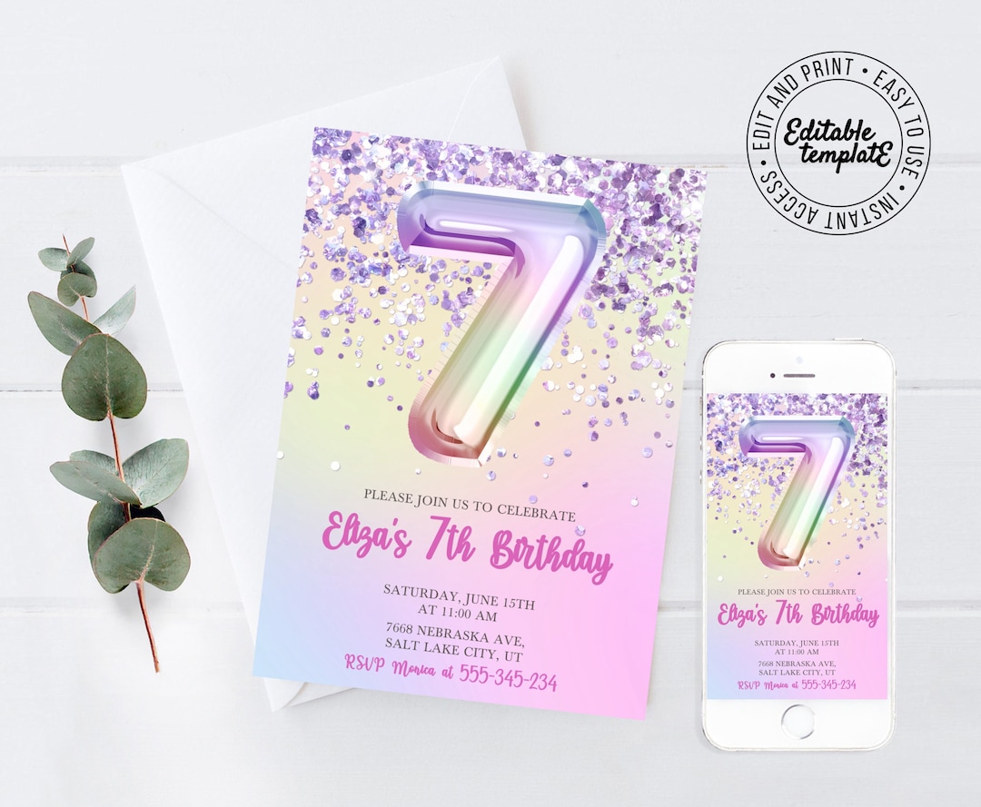Editable 7th Birthday Invitation Rainbow Glitter Birthday - Etsy
