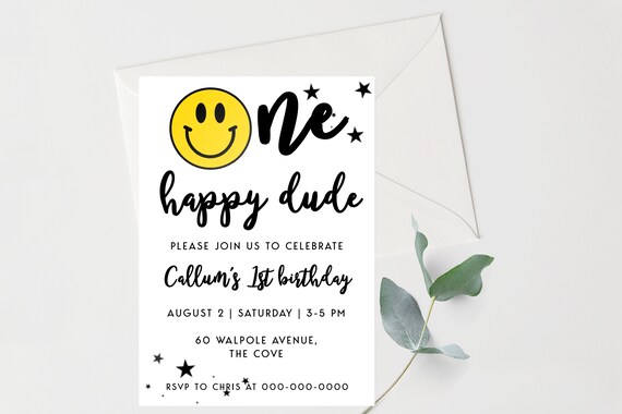 Editable One Happy Dude Invitation, Smiley Face Birthday Invitation ...