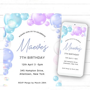 Pastel Rainbow Bubbles Birthday Invitation, Bubble Party Girl's ...