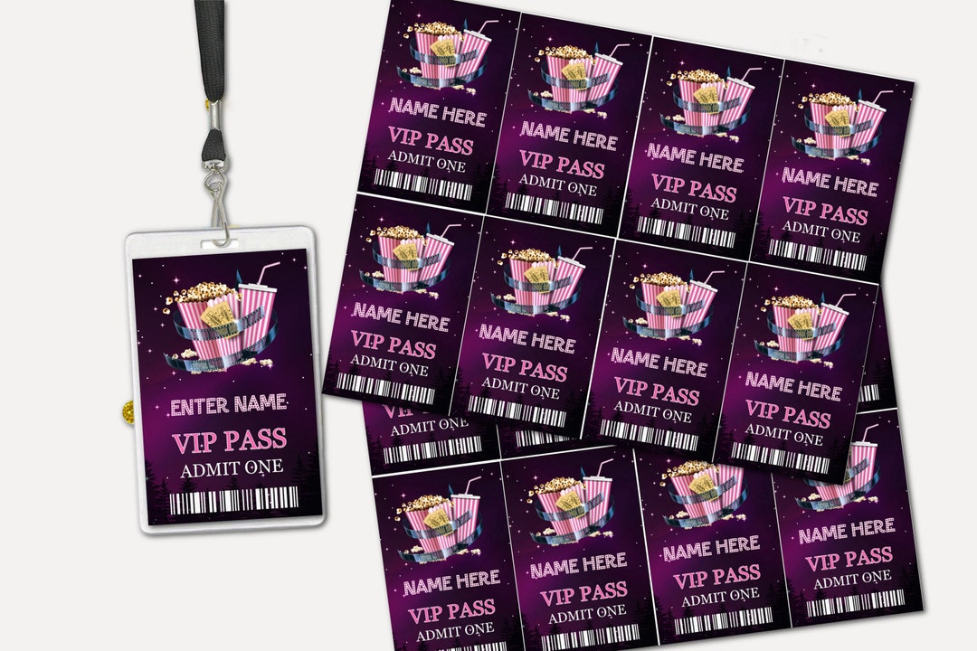 Movie Night ID Card Template Edit and Print Instantly Kids Movie VIP ...