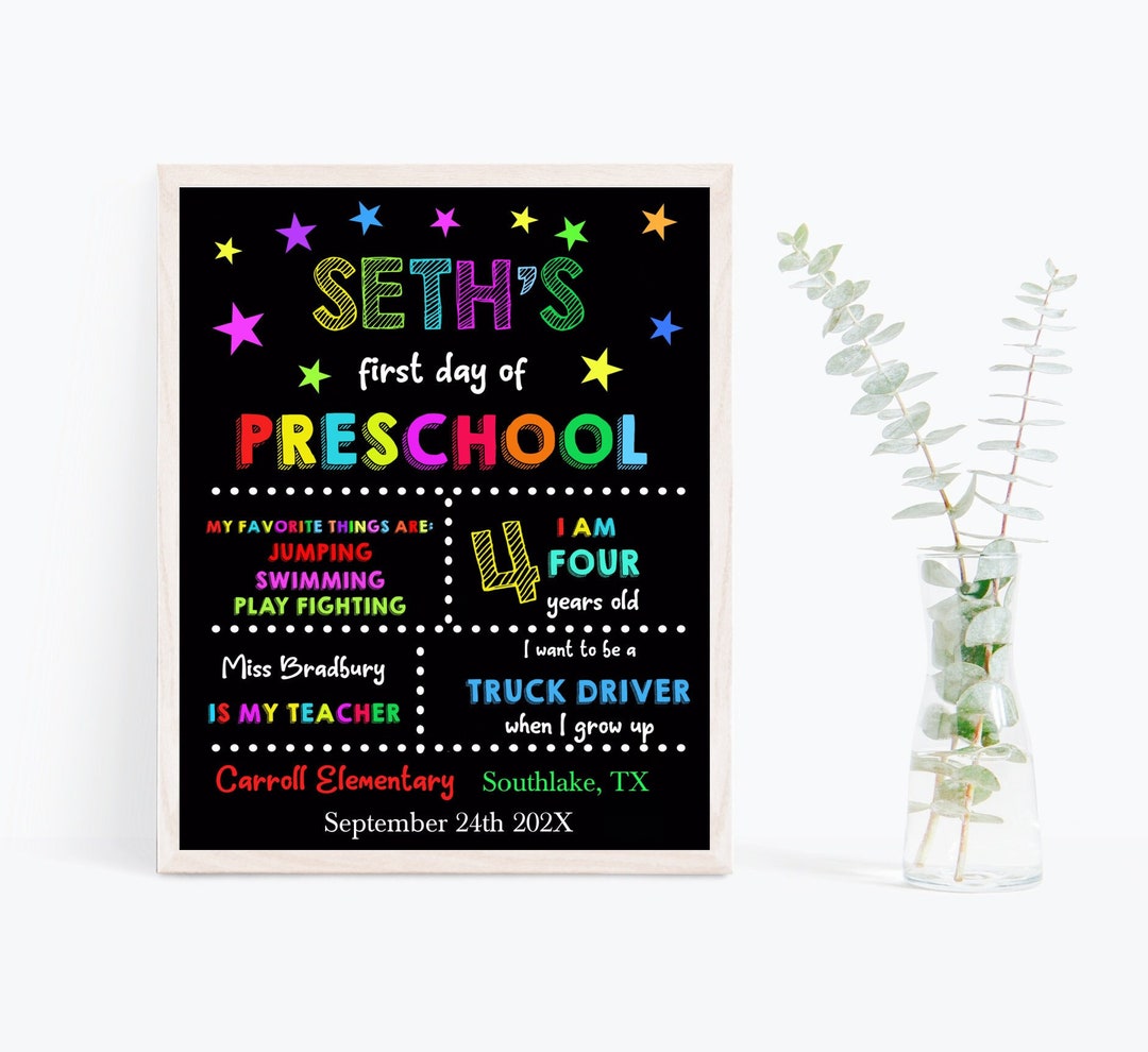 Editable Chalkboard First Day of Preschool Sign, Rainbow First Day Sign ...