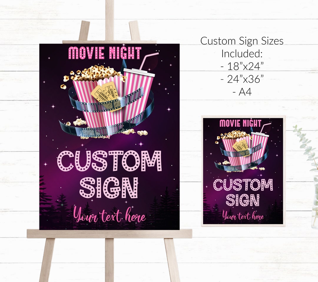 Editable Movie Night Party Signs Pink Girls Movie Night Birthday Custom ...