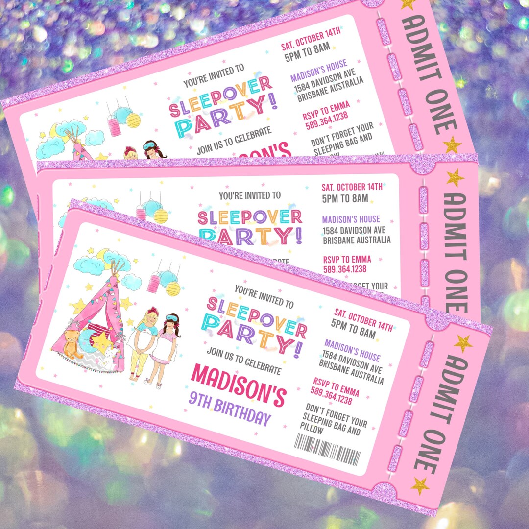 Birthday Ticket Invitation, Ticket Sleepover Birthday Invitation to ...