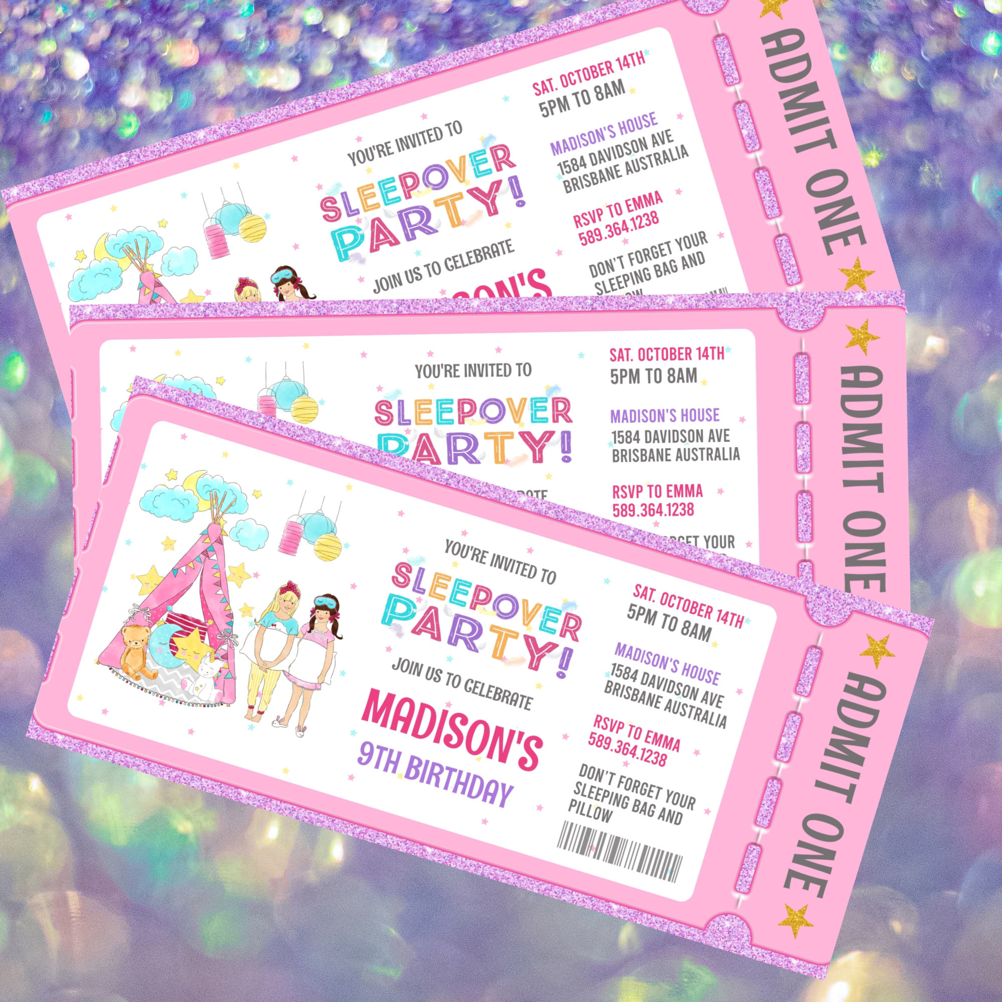 Birthday ticket invitation Ticket Sleepover Birthday | Etsy