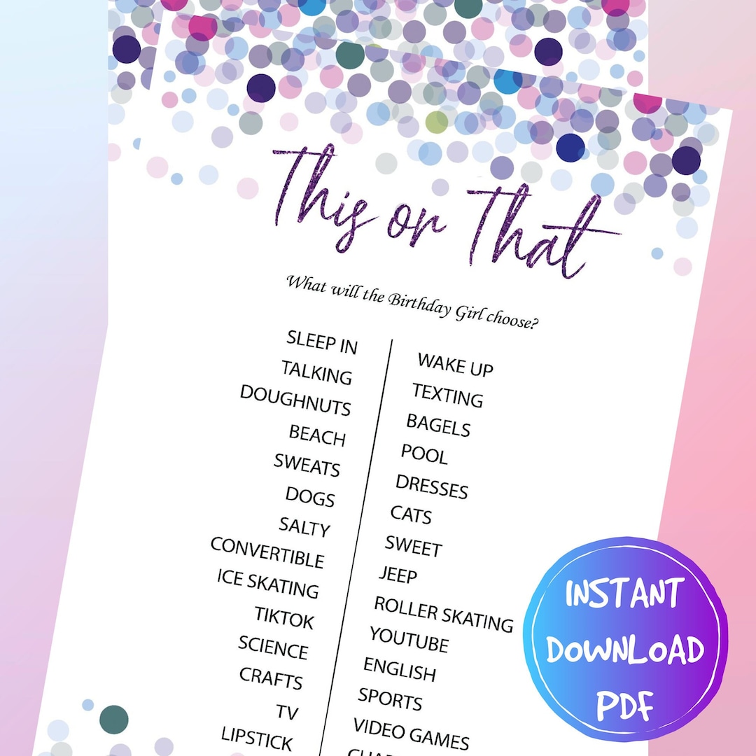 This or That Printable Game, Girls Sleepover Birthday Games, Teen ...
