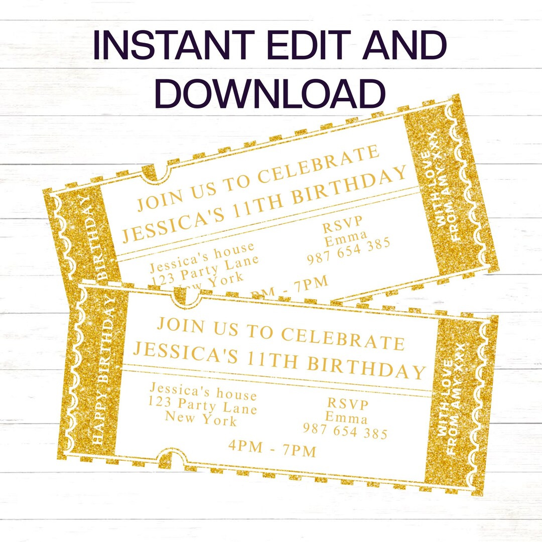 Editable Birthday Ticket Invitation Golden Ticket Invitation Birthday ...