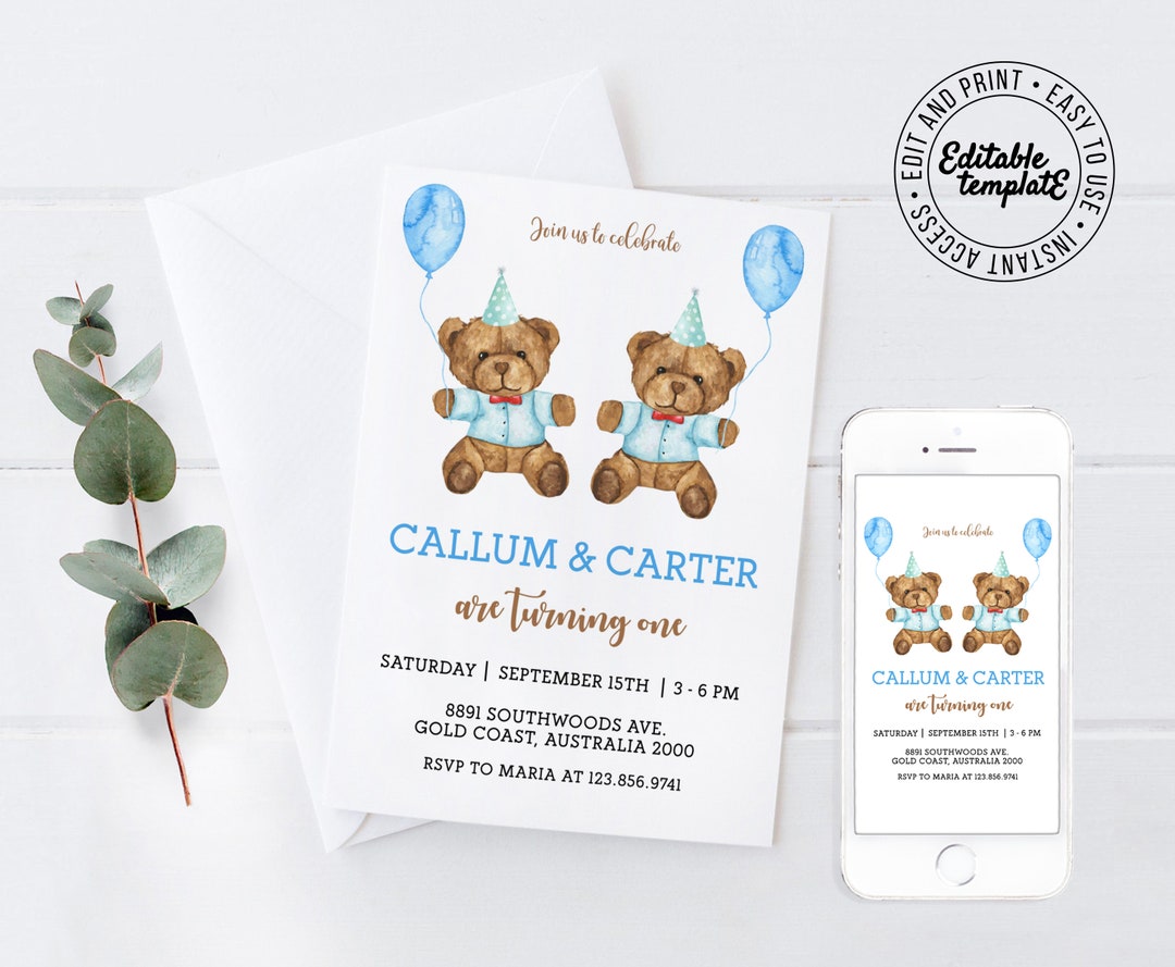 Twin Boys Birthday Invitation Twins Party Invitation You Can Edit ...
