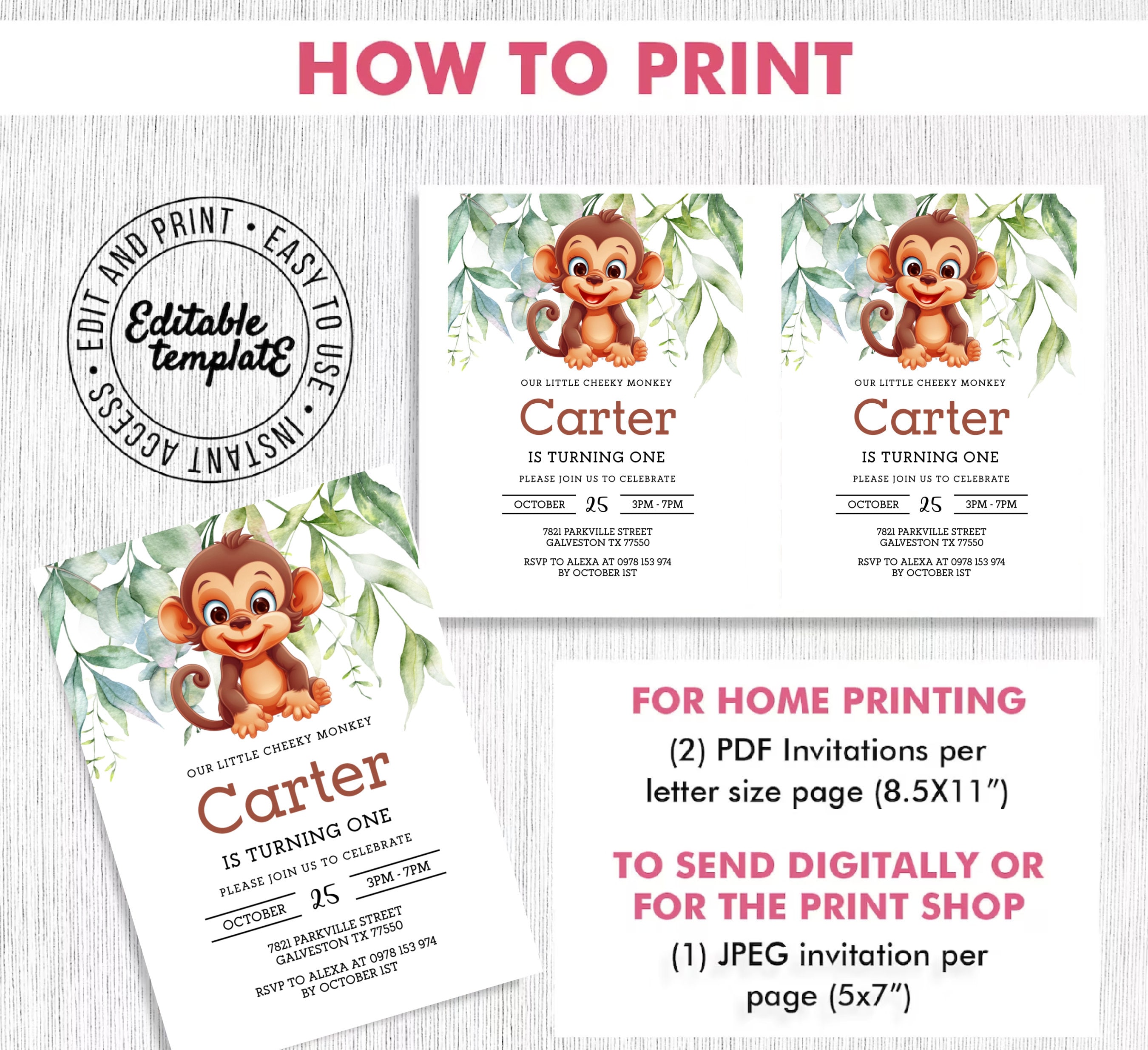 Editable Monkey Birthday Invitation Template Cheeky Monkey Invitation ...