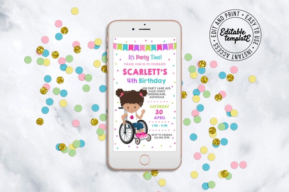Disabled Dark Haired Girl, Girls Wheelchair invitation, disabled party ...