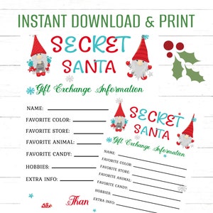 Christmas Secret Santa Information Instant Print Secret Santa Gift ...