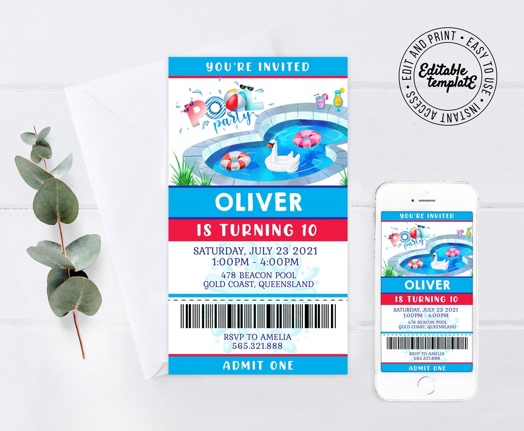 Editable Pool Party Ticket Invitation Pool Party Invitation Print or ...