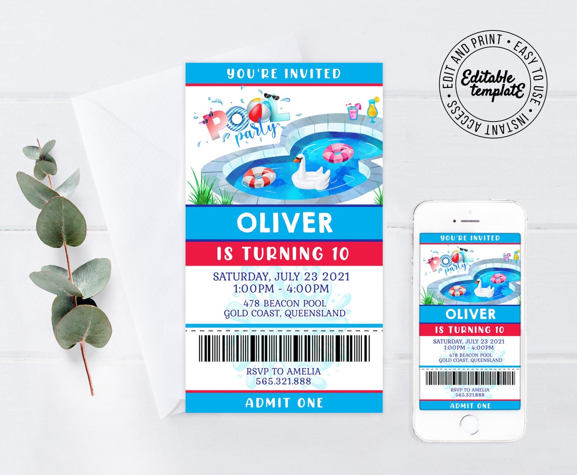 Editable Pool Party Ticket Invitation Pool Party Invitation - Etsy