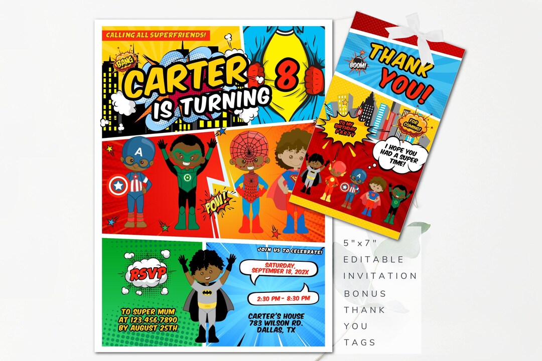 Superhero Invitation Editable Template Superhero Birthday Invitation ...