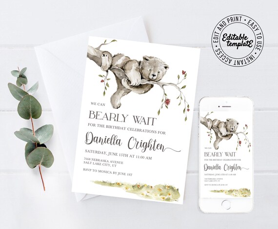 EDITABLE Teddy Bear Invitation, Woodland bear birthday Invitation ...