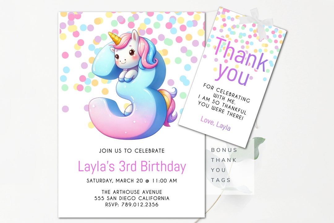 3rd Birthday Invitation Editable Girls Third Birthday Unicorn ...