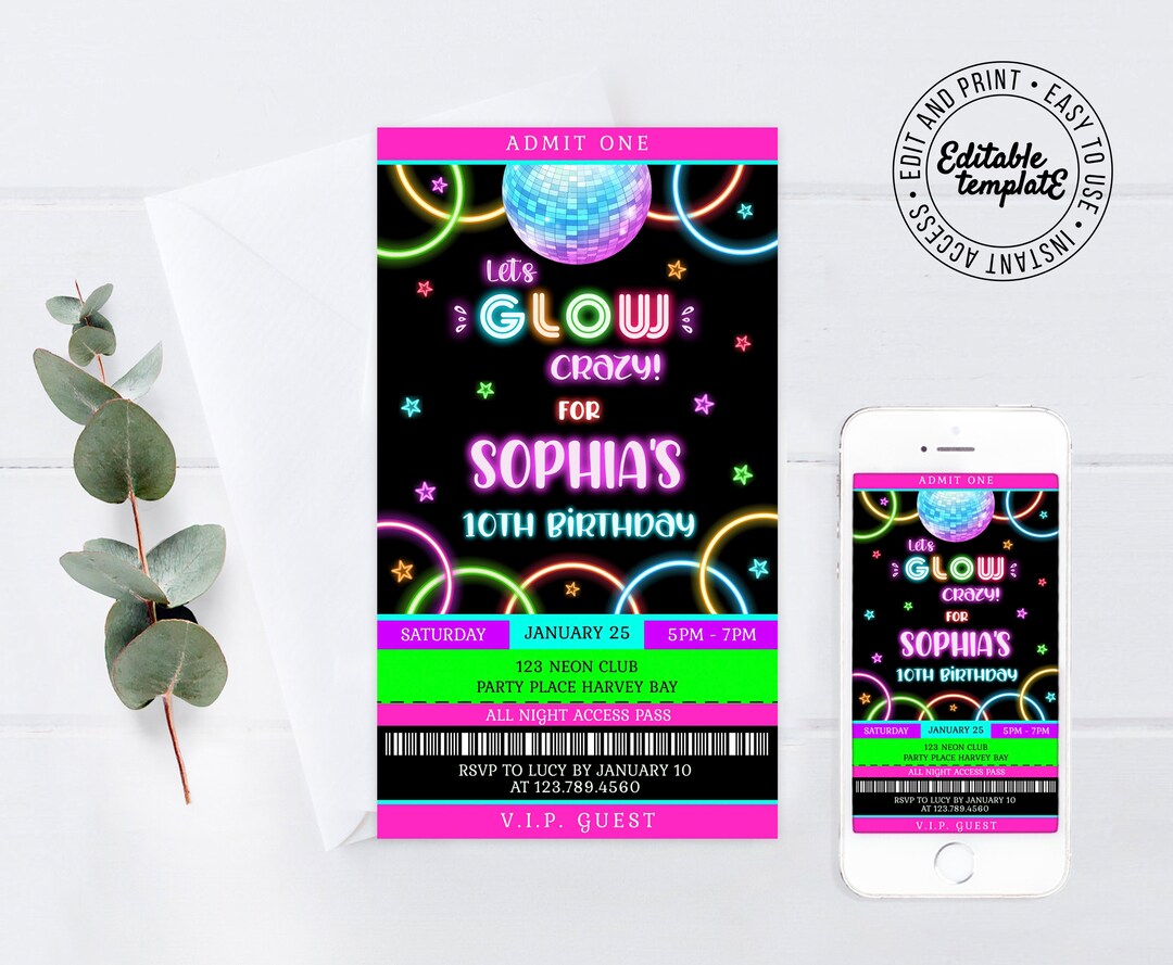 Disco Party Invitation, Girls Disco Birthday Party Invitation, Glow ...