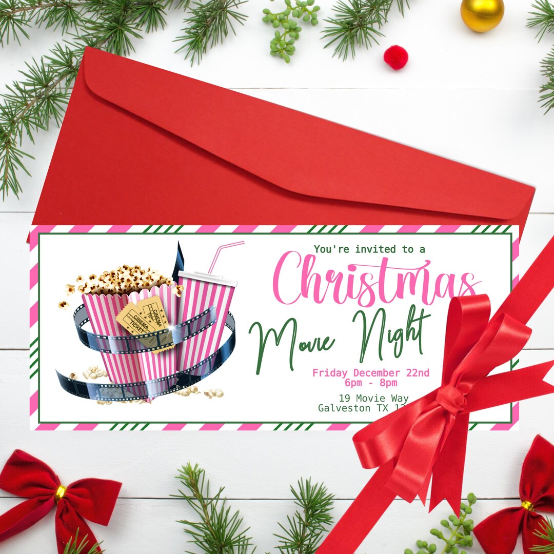 Christmas Movie Night Ticket Invitation Template Editable Movie Night ...