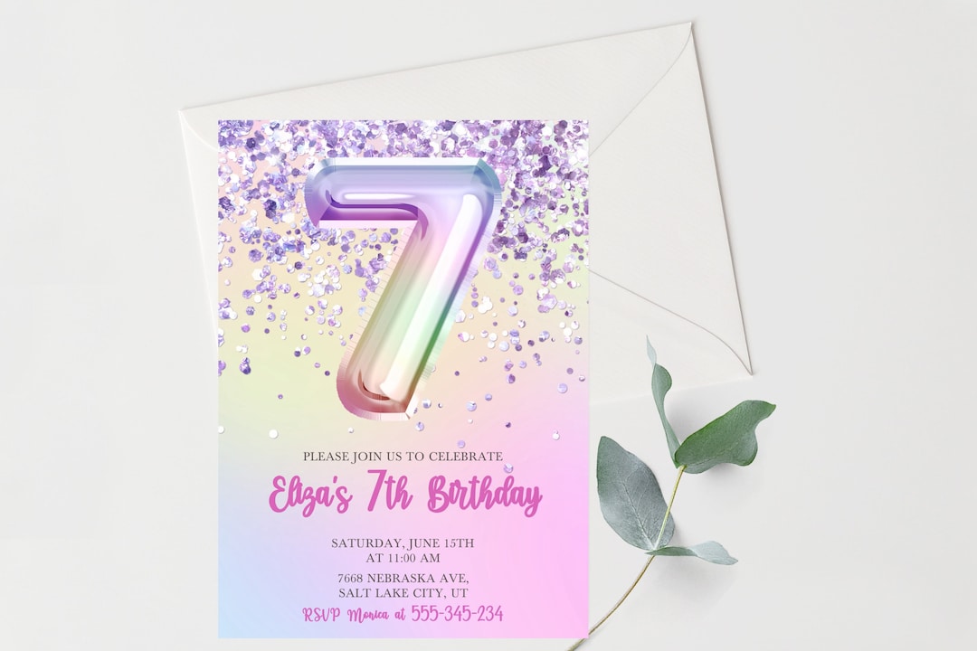 Editable 7th Birthday Invitation Glitter Seventh Birthday Invitation ...