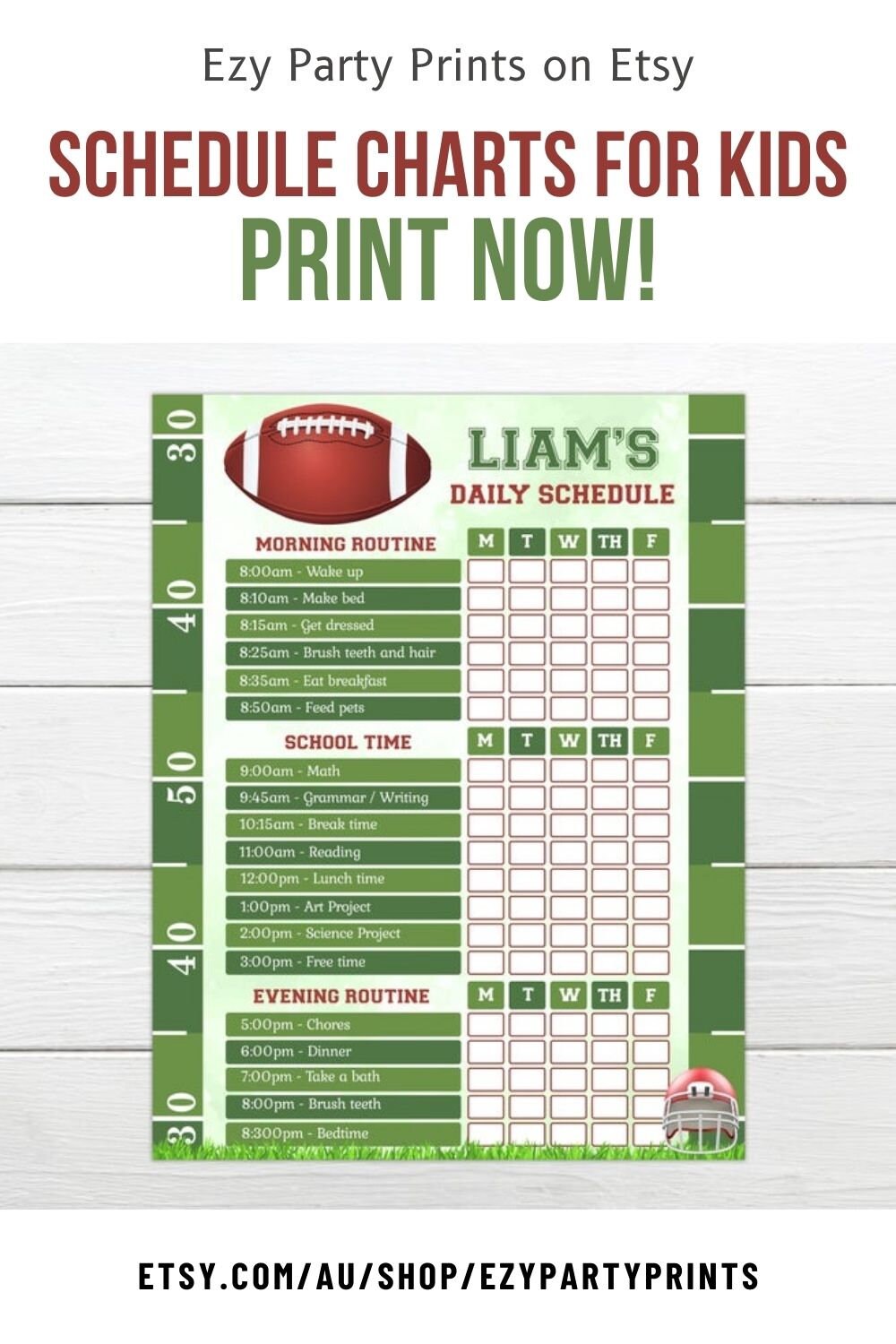 FOOTBALL Daily schedule chart Personalise save and print instantly ...
