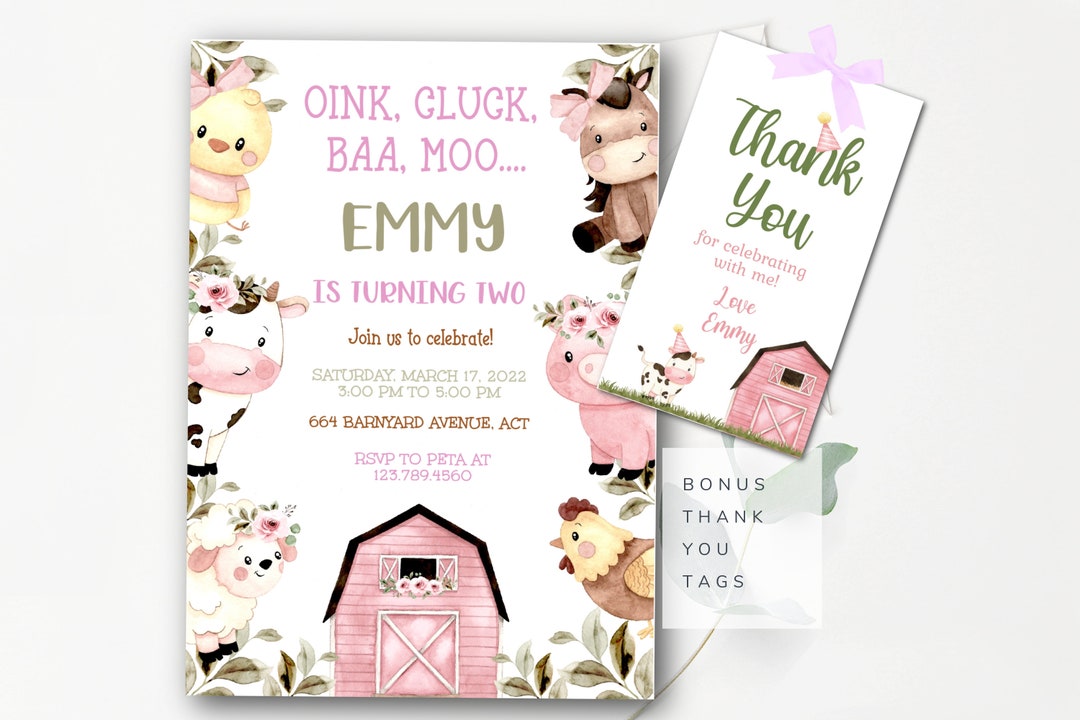 Farm Birthday Invitation Girls Farm Party Invitation Pink Farm Animals ...