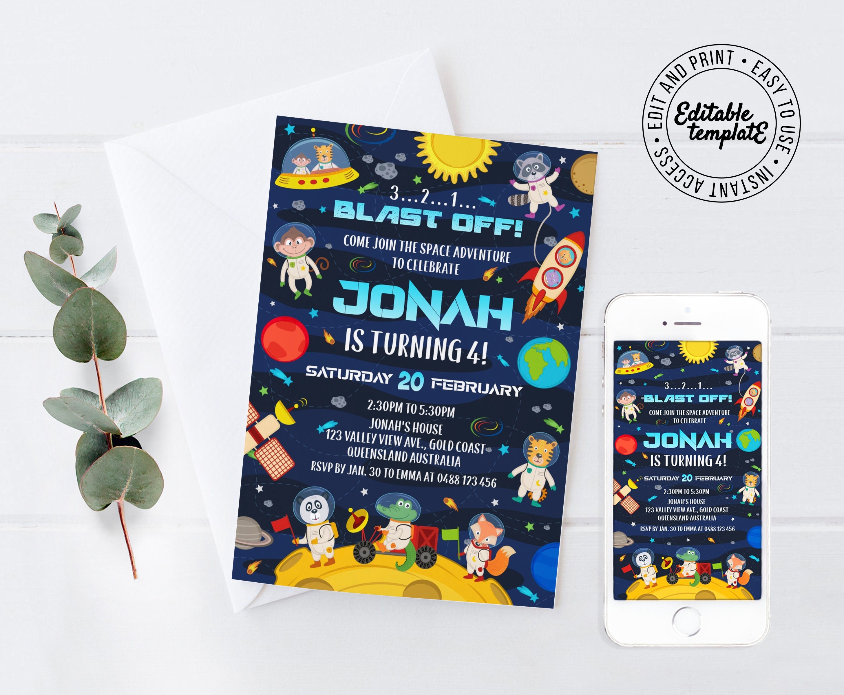 Editable Outer Space Birthday Invitation Template Planets Rocket Ship ...