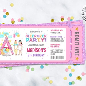 Birthday Ticket Invitation, Ticket Sleepover Birthday Invitation to ...