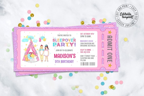 Slumber Party ticket invitation, Sleepover Birthday Invitation to edit ...