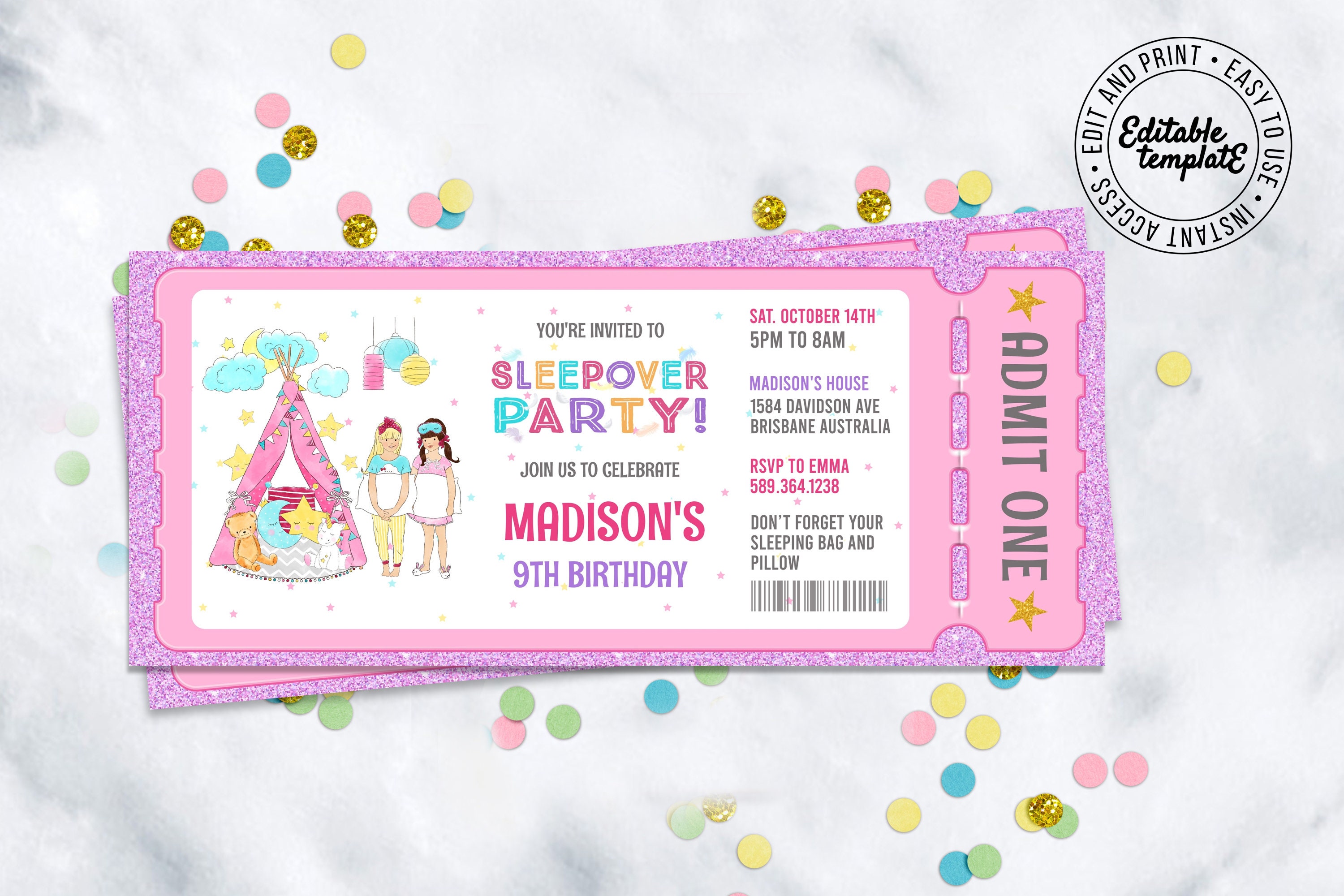Birthday Ticket Invitation Ticket Sleepover Birthday | Etsy