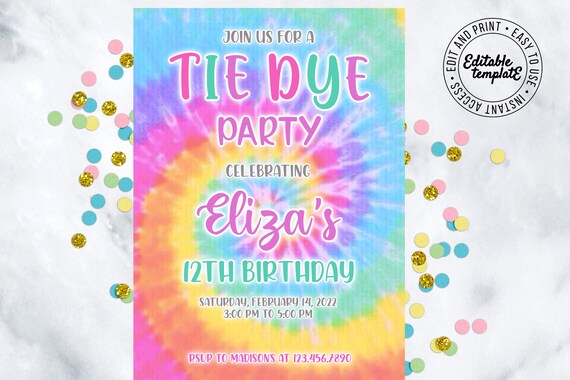 TIE DYE birthday Invitation, 100% editable text, Personalise, print ...