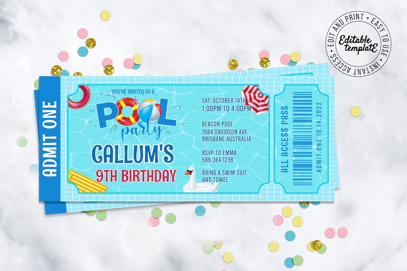 Pool Party Invitation Editable Ticket Pool Party Birthday Invitation ...