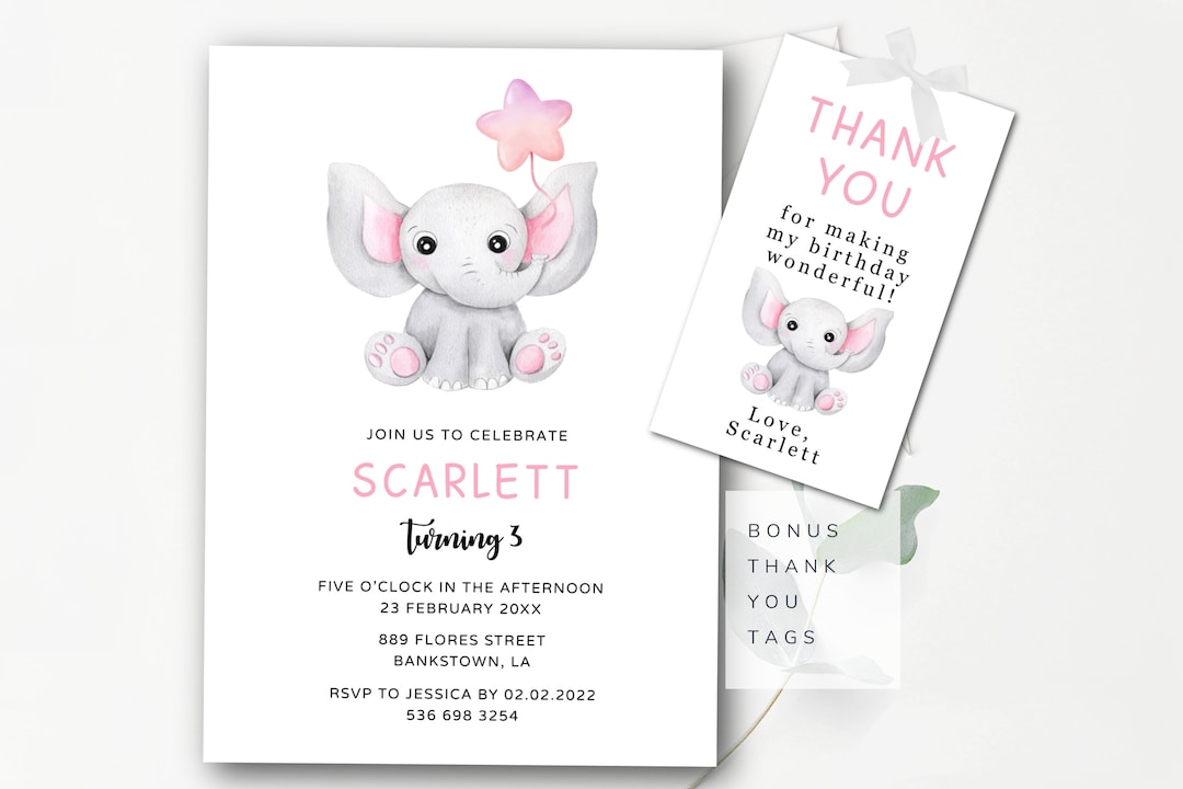 Elephant Birthday Invitation Pink Elephant Party Invitation Girl ...