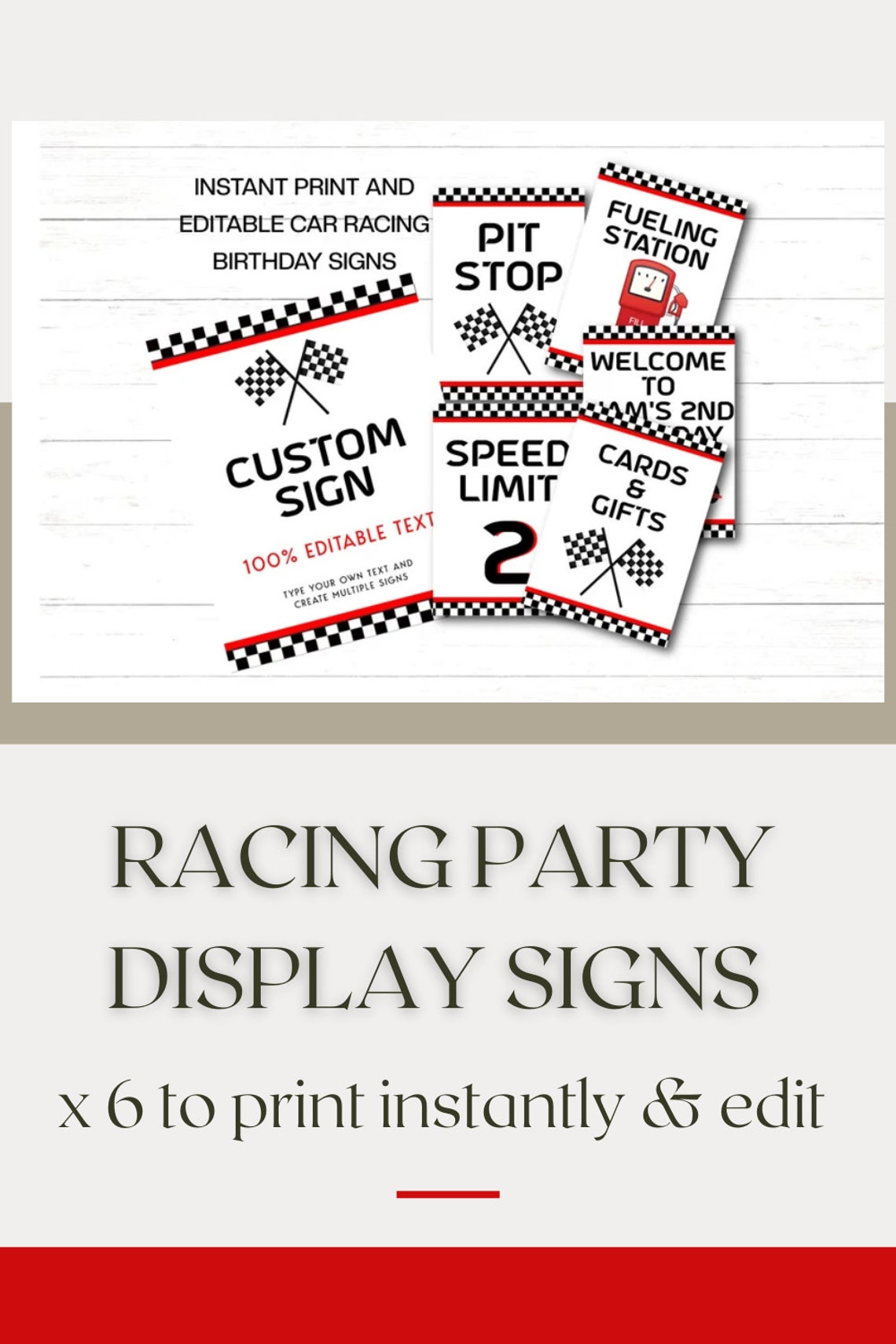 Editable Racing Birthday Signs, Printable Car Race Party Signs X 6 to ...