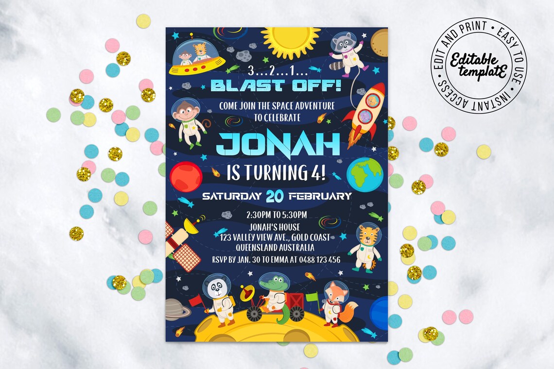 Editable OUTER SPACE Birthday Invitation Template Planets - Etsy