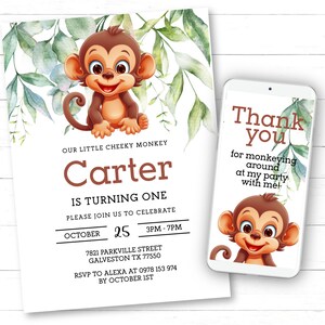Editable Monkey Birthday Invitation Template Cheeky Monkey Invitation ...