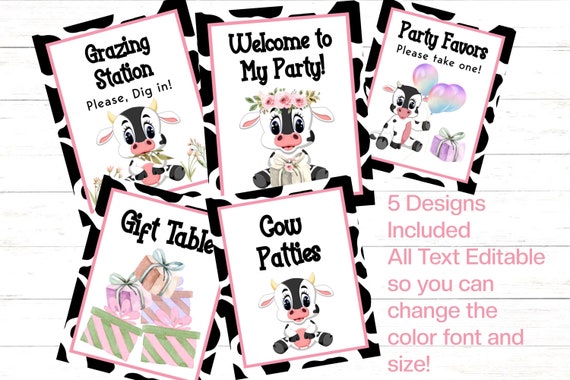 Editable Holy Cow I'm One Birthday Signs x 5, Cow Birthday Decor Signs ...