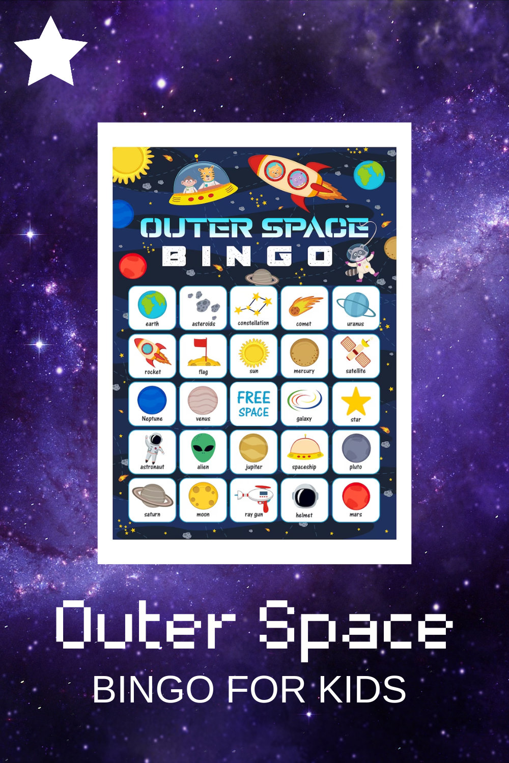 Printable Bingo Game for Kids Outer Space Bingo Game Printable Bingo ...