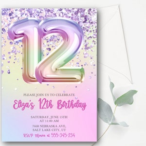 Editable Girls 12th Birthday Invitation Glitter Birthday Invitation ...