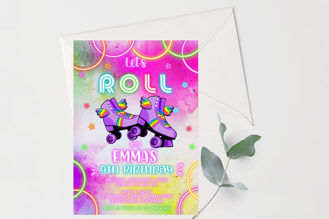 Editable Roller Skating Birthday Party Invitation, Retro Groovy Roller ...