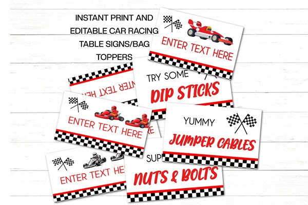 Race Car Party Food Tents Bundle, Editable Racing Birthday Table Decoration Labels, Buffet Place ...
