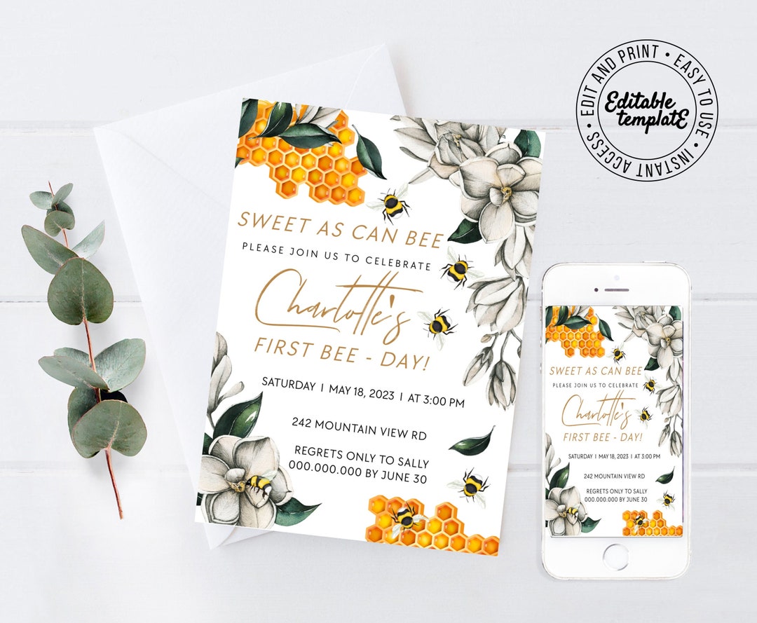 Editable First Bee Day Invitation Bee 1st Birthday Invitation Bee ...
