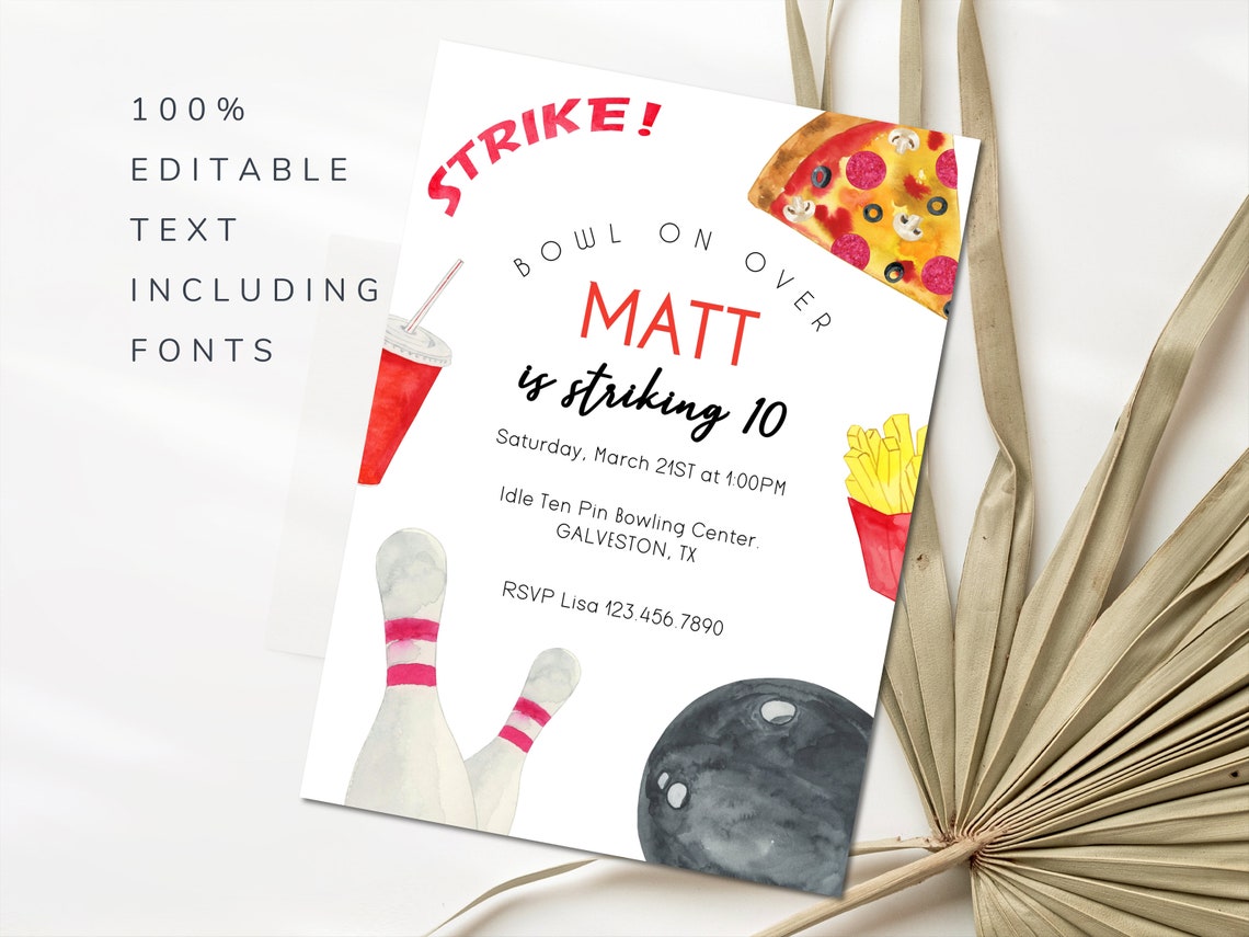 Editable Bowling Party Invitation Ten Pin Bowling Birthday Party ...