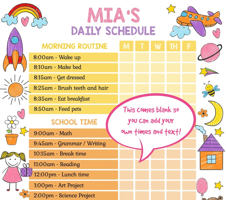 KIDS EDITABLE Daily Schedule Chart PERSONALISE Save and Print | Etsy