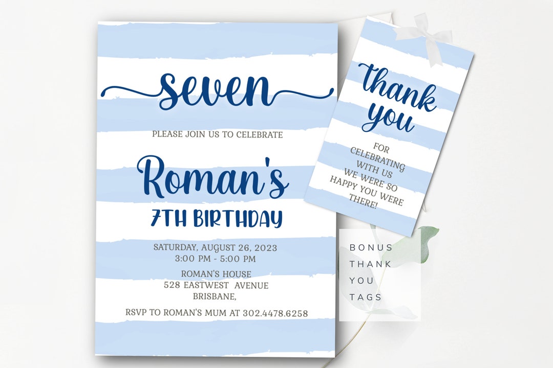 Boys Blue Birthday Invitation Blue Stripes Invitation Template Editable ...