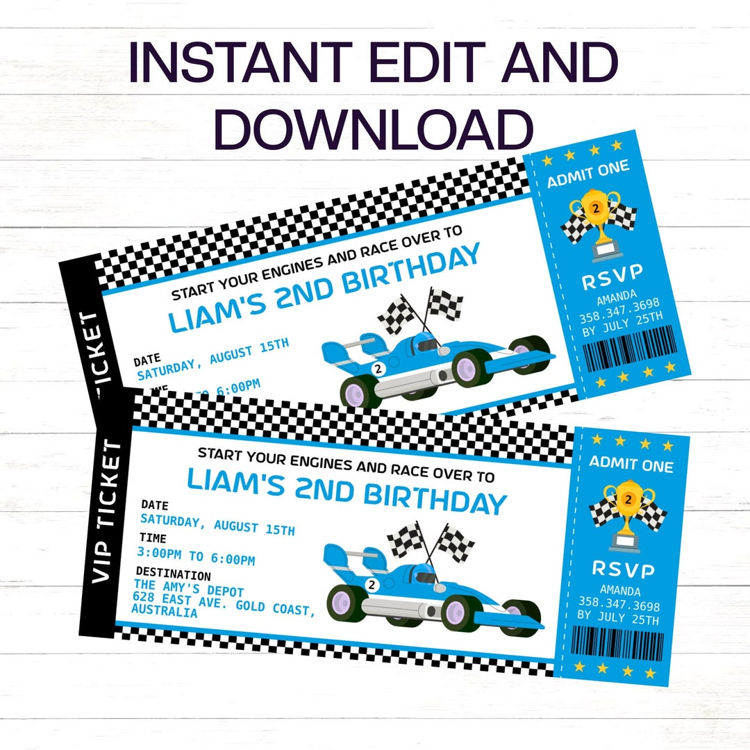 Race Car Birthday Invitation Boys Blue Racing Car Ticket Birthday Party ...