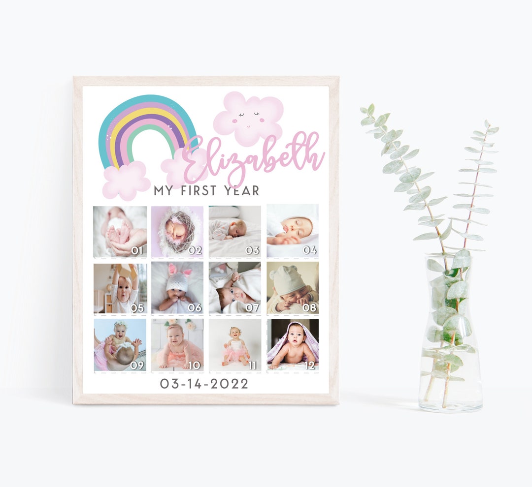 First Year Photo Collage Poster First Rainbow Birthday Milestone Poster ...