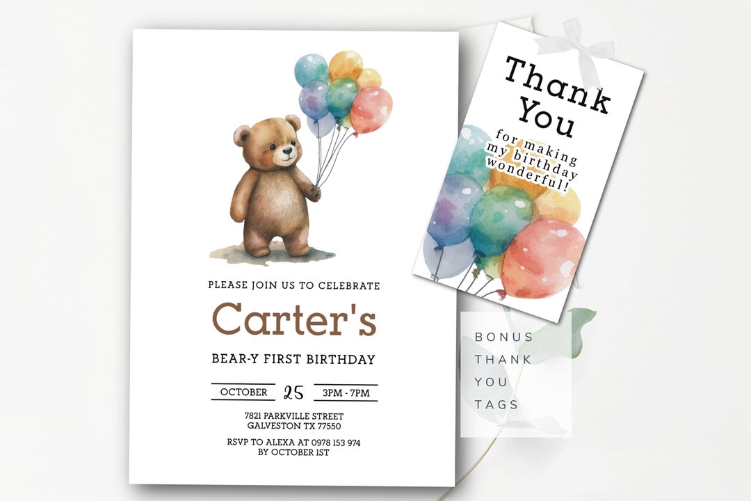 Editable Bear Birthday Invitation Any Age Teddy Bear Invitation Beary ...