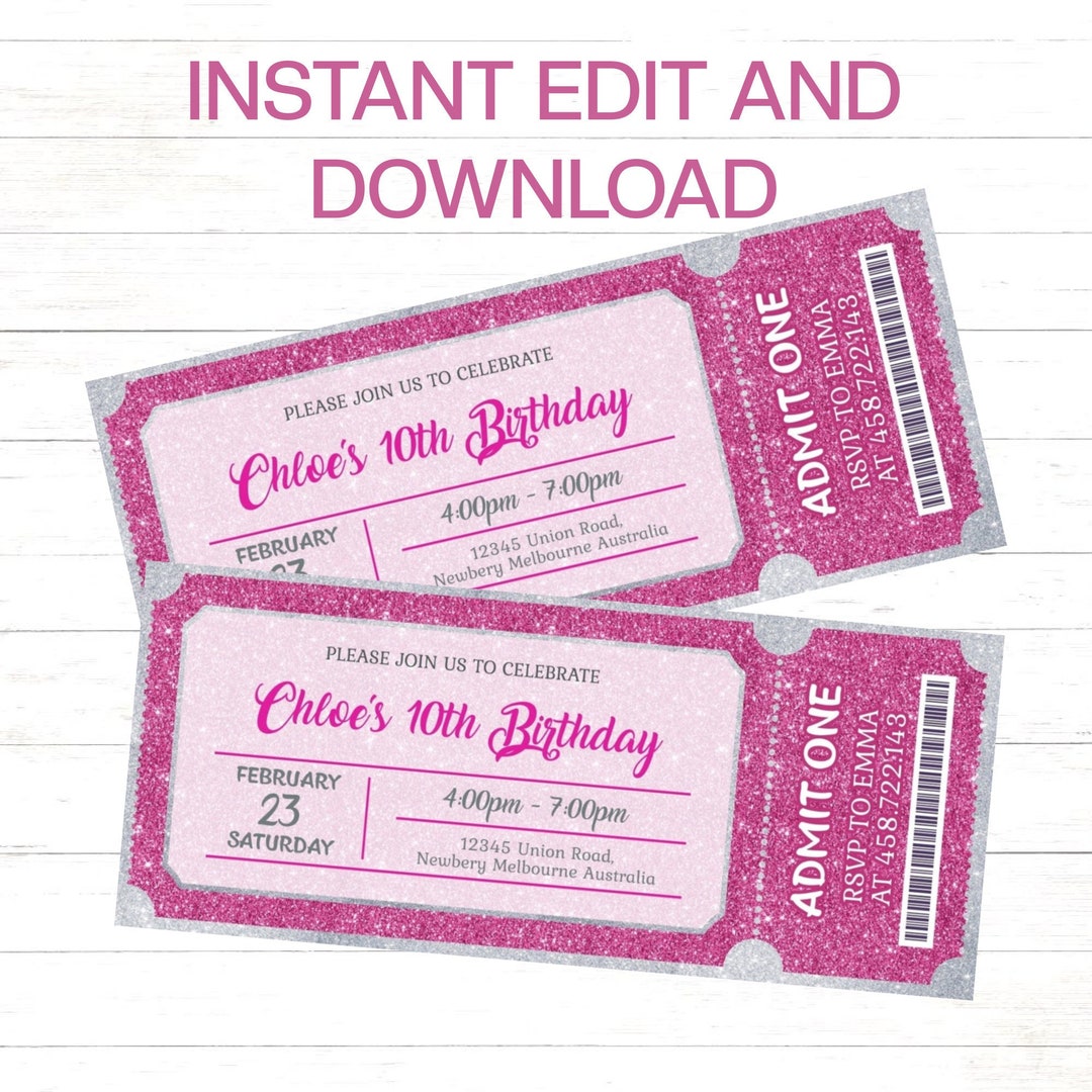 Editable Pink Glitter Birthday Invitation Ticket Pink Glitter Birthday ...