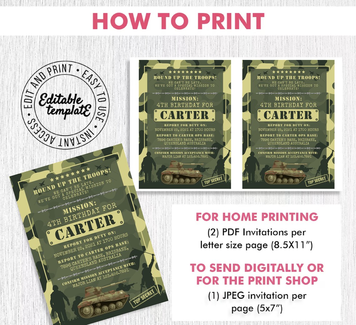 Editable Army Birthday Invitation Template With ID Badges Army Party ...